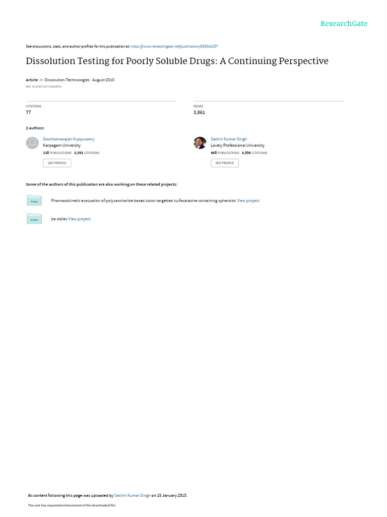 Dissolution Testing For Poorly Soluble Drugs A Con | Download Free PDF ...
