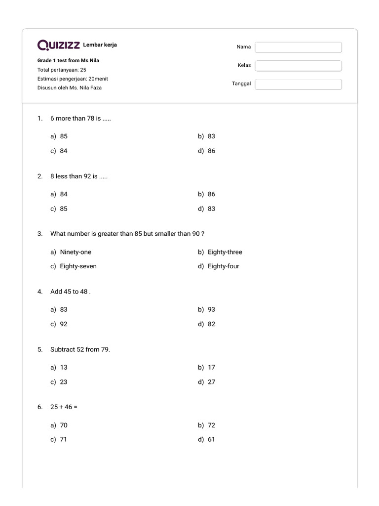 Grade 1 Test From Ms Nila - Quizizz | Download Free PDF | Graphic ...