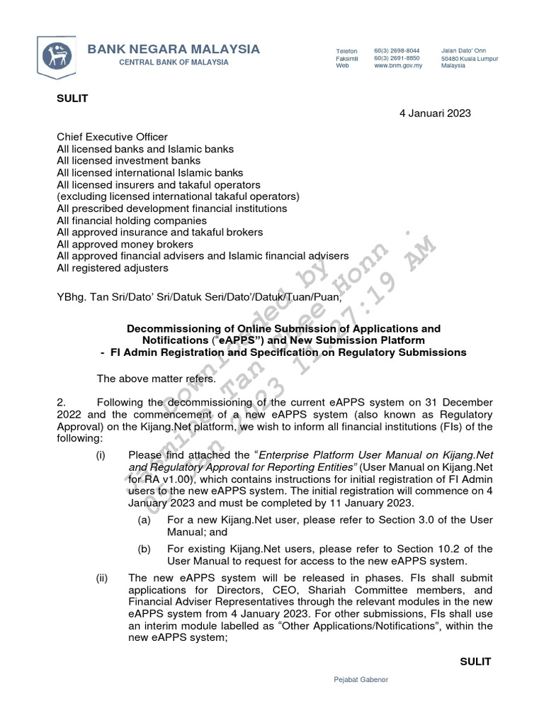 Dear CEO Letter On The Decommissioning of EAPPS and New Submission ...