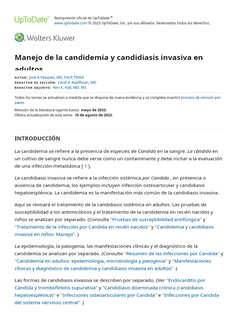 Manejo de Candidemia y Candidiasis Invasiva en Adultos - UpToDate | PDF ...