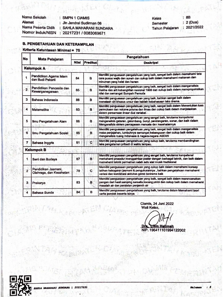 Nilai Rapot SMST 2 | PDF