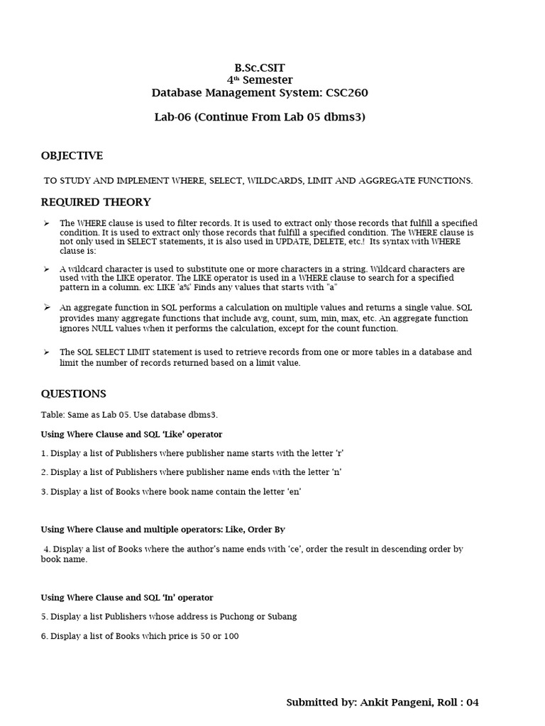 DBMS Lab Report 06 - Ankit Pangeni | PDF | Databases | Computer Data DBMS Lab Report 06 - Ankit Pangeni | PDF | Databases | Computer Data