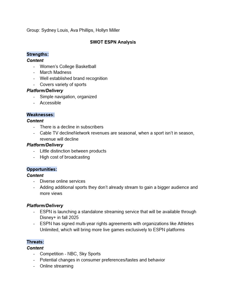 SWOT Analysis of ESPN's Challenges | PDF | Espn | Streaming Media