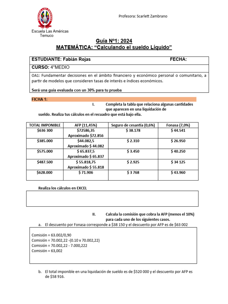 4° M GUIA 1 Calculando El Sueldo Líquido Fabián Rojas | PDF