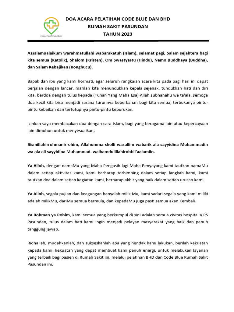 Doa Acara Pelatihan BHD & Code Blue | PDF