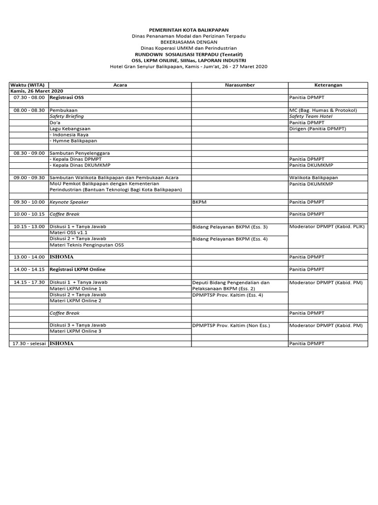 Rundown Acara Sosialisasi Terpadu 2020 (Hari Ke-1) | PDF