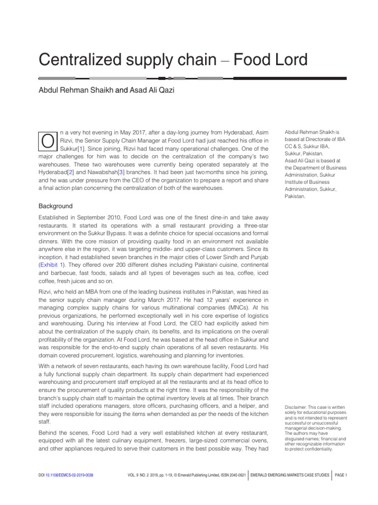 Centralized Supply Chain - Food Lord | PDF | Warehouse | Supply Chain