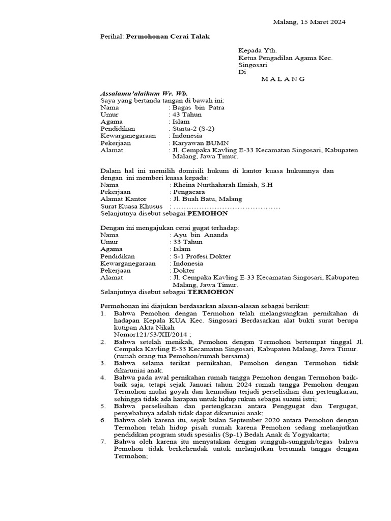 Surat Permohonan Talak | PDF