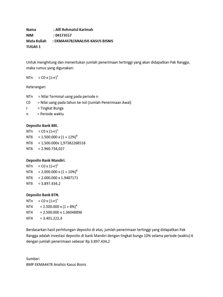 Rumus Nilai Terminal Deposito Bank | PDF