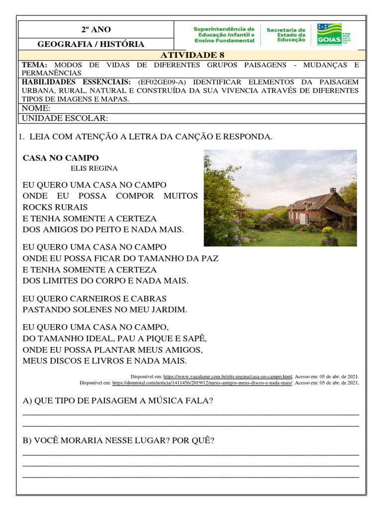 Atividades para o Segundo Ano Modos de Vida Diferentes | PDF ...