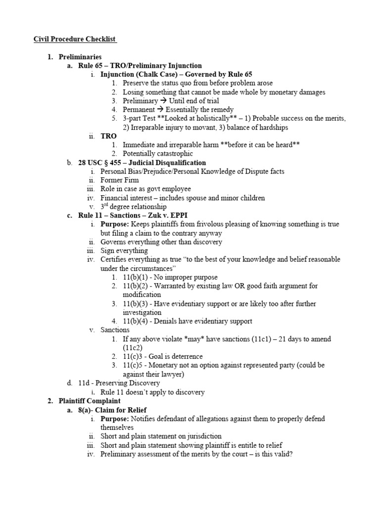 Civil Procedure Checklist | PDF | Discovery (Law) | Default Judgment