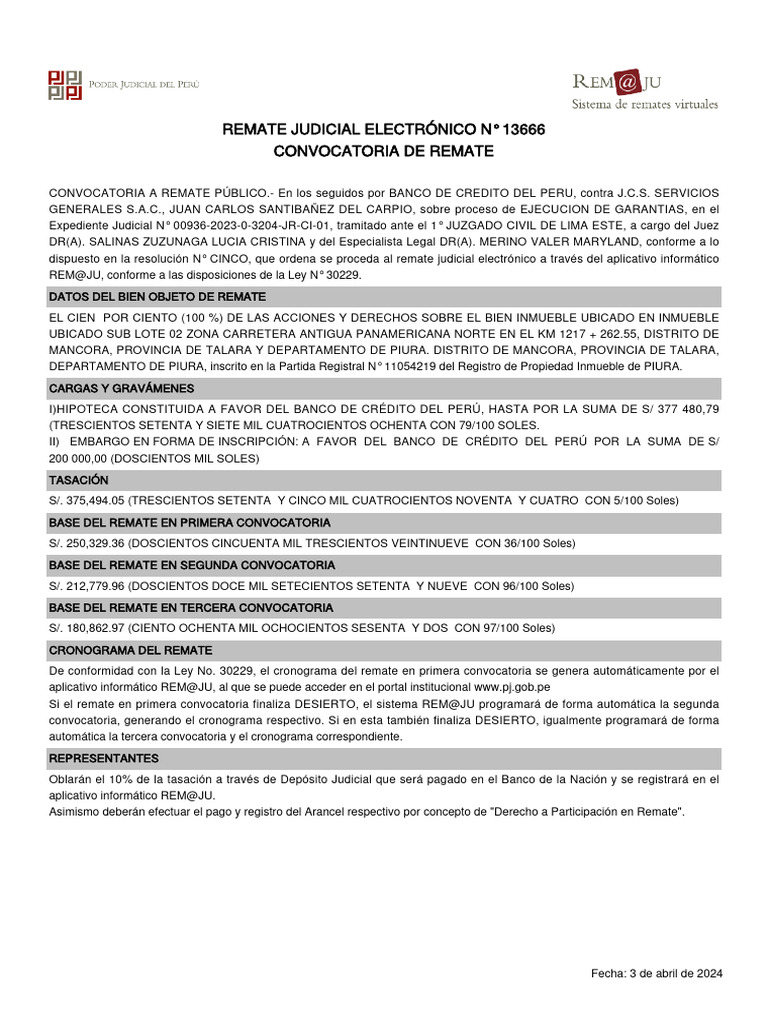 Remate Judicial N° 13666 en Máncora | PDF | Justicia | Crimen y violencia