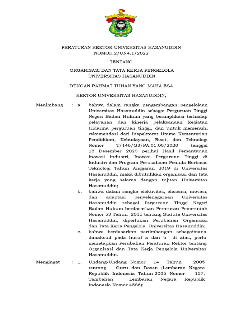 Peraturan Rektor Unhas Nomor 2 Tahun 2022 Tentang OTK Pengelola Unhas 1 | PDF