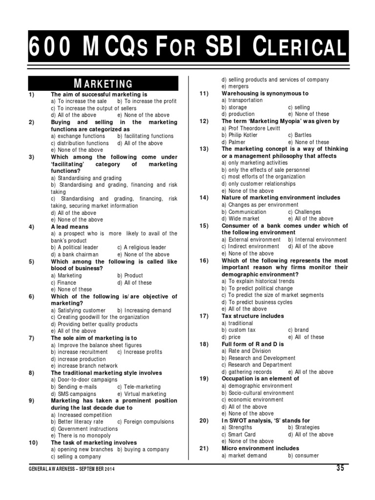 600 MCQS For Sbi Clerical Marketing | PDF | Sales | Marketing
