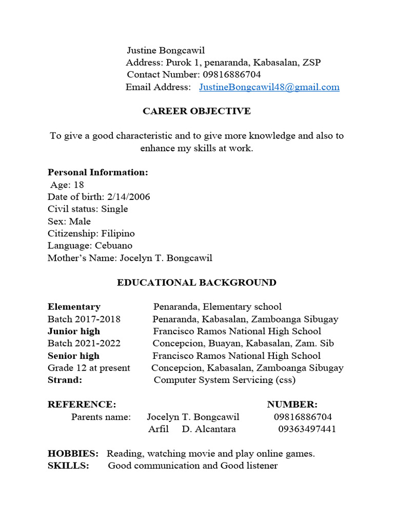 Application for Work Immersion Student | PDF