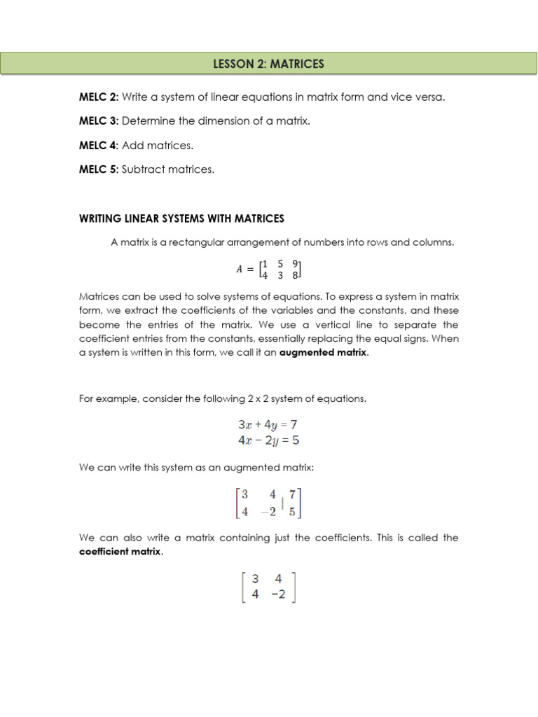 Lesson 2 - Matrices | PDF | Matrix (Mathematics) | System Of Linear ...