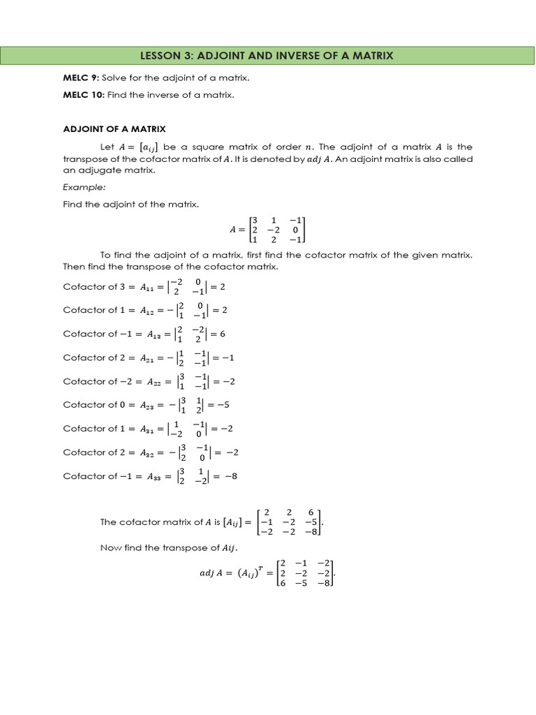 Lesson 3 - Adjoint and Inverse of A Matrix | PDF | Algebra ...