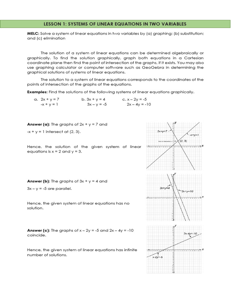Lesson 1 - Systems of Linear Equations in Two Variables | PDF | Equations | System Of Linear ...