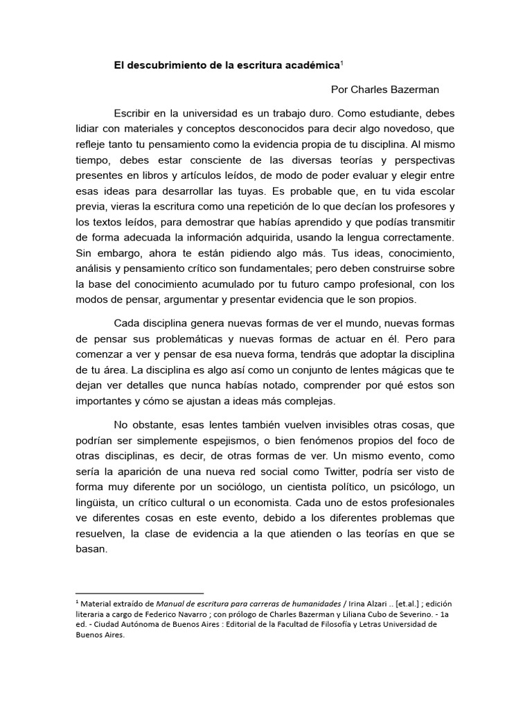 Bazerman. El Descubrimiento de La Escritura Académica | Descargar ...
