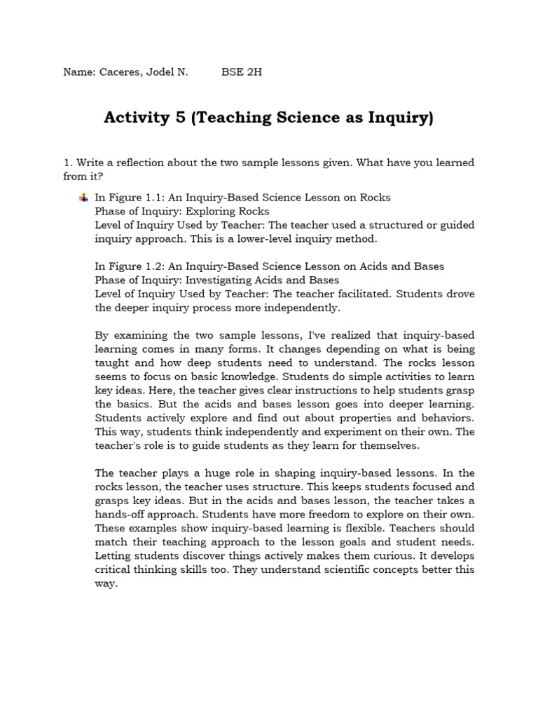 Inquiry-Based Science Teaching Reflection | PDF | Inquiry Based ...
