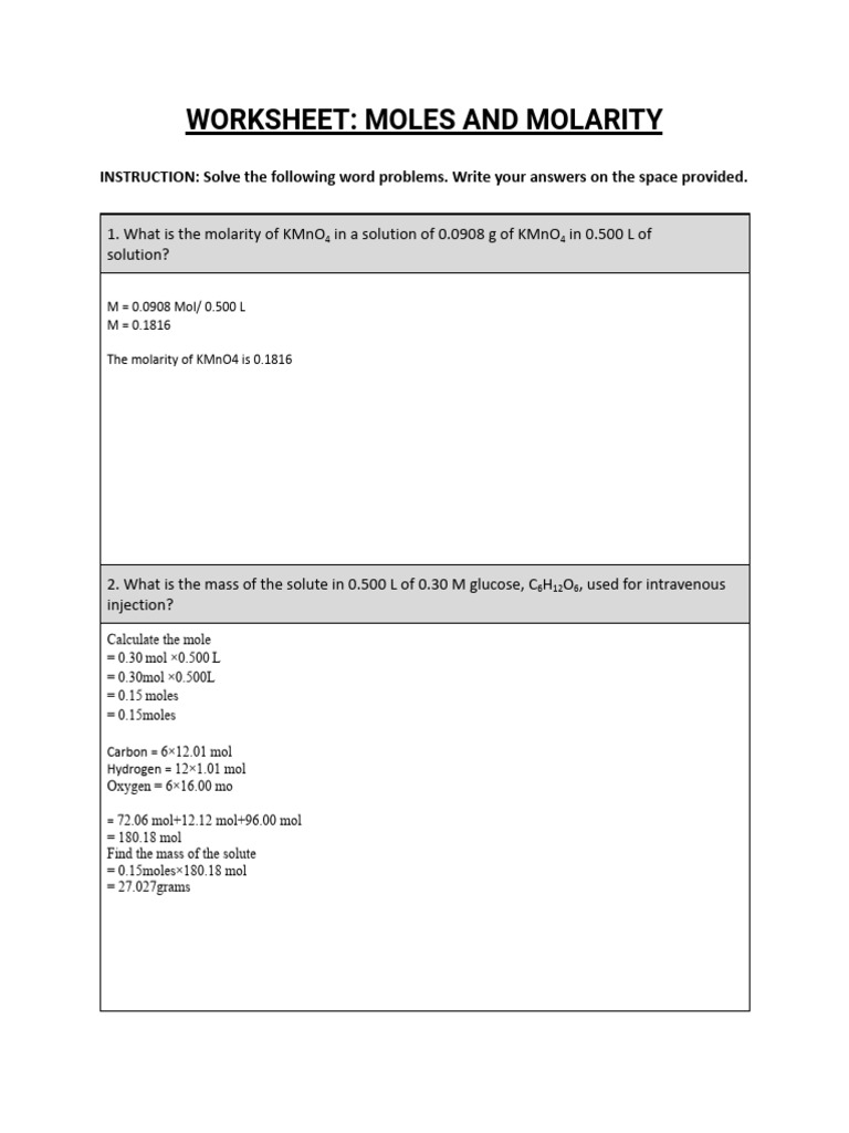 Worksheet - Moles and Molarity | PDF | Mole (Unit) | Physical Sciences