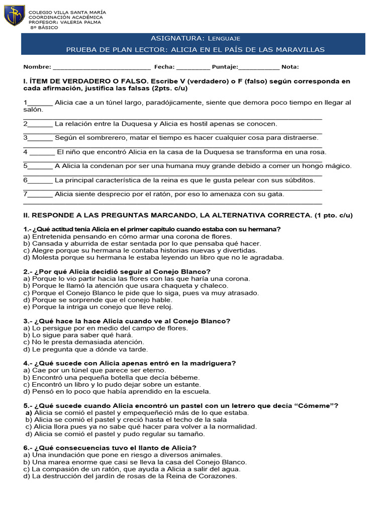 Prueba de Alicia en el país de las maravillas | PDF | Las aventuras de ...
