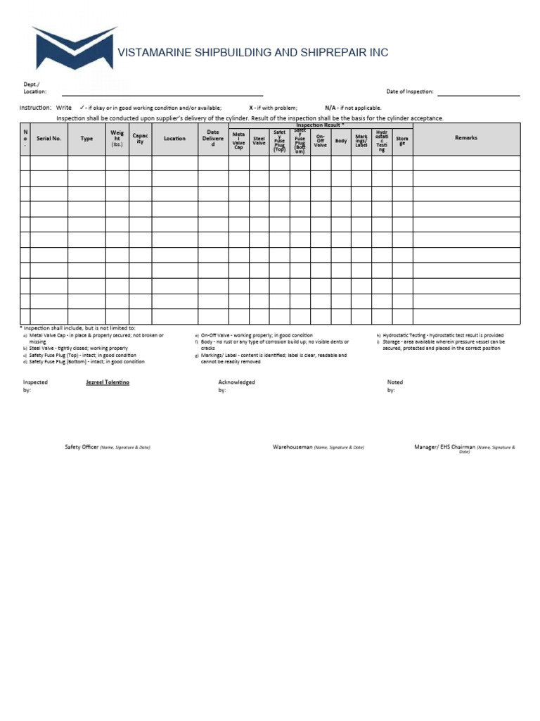 Compressed Gas Cylinder Inspection Checklist - Acetylene Cylinder | PDF ...