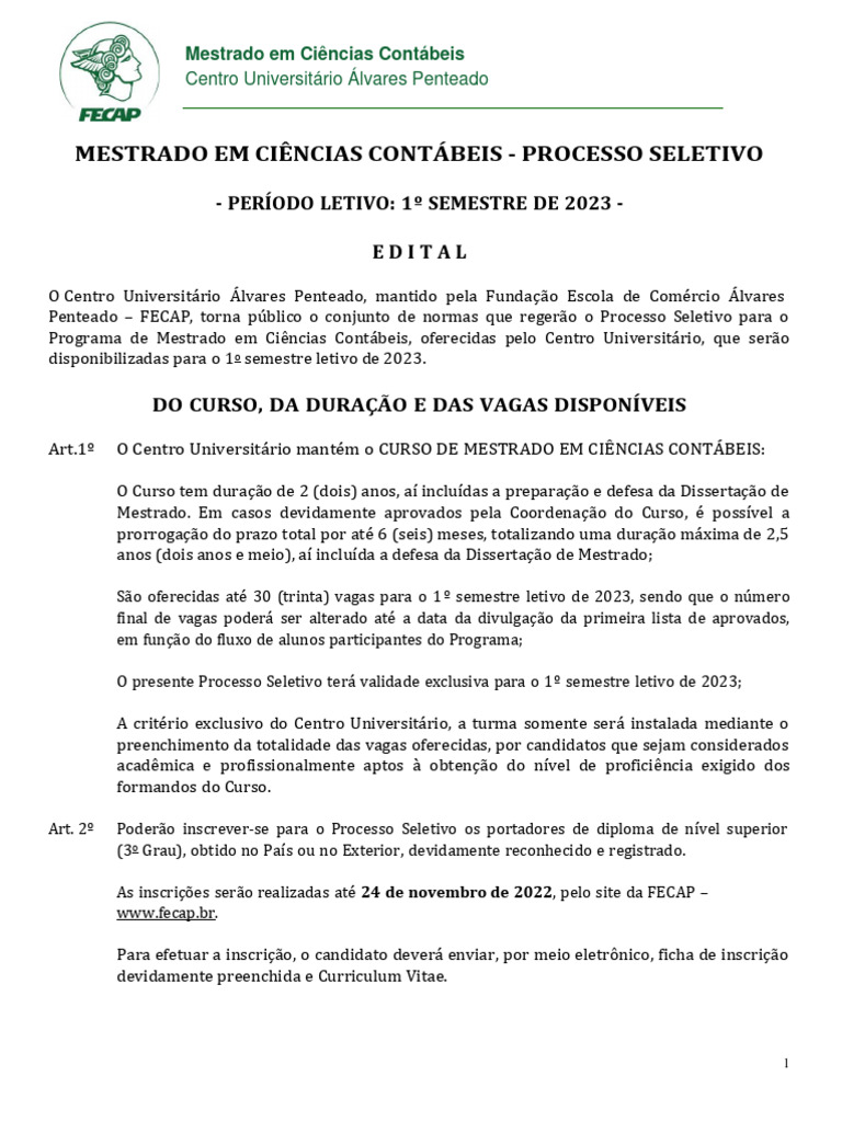Edital Processo Seletivo 1o Sem - 2023 - MCC - 1a Chamada | PDF | Mestrado | Ensino Superior