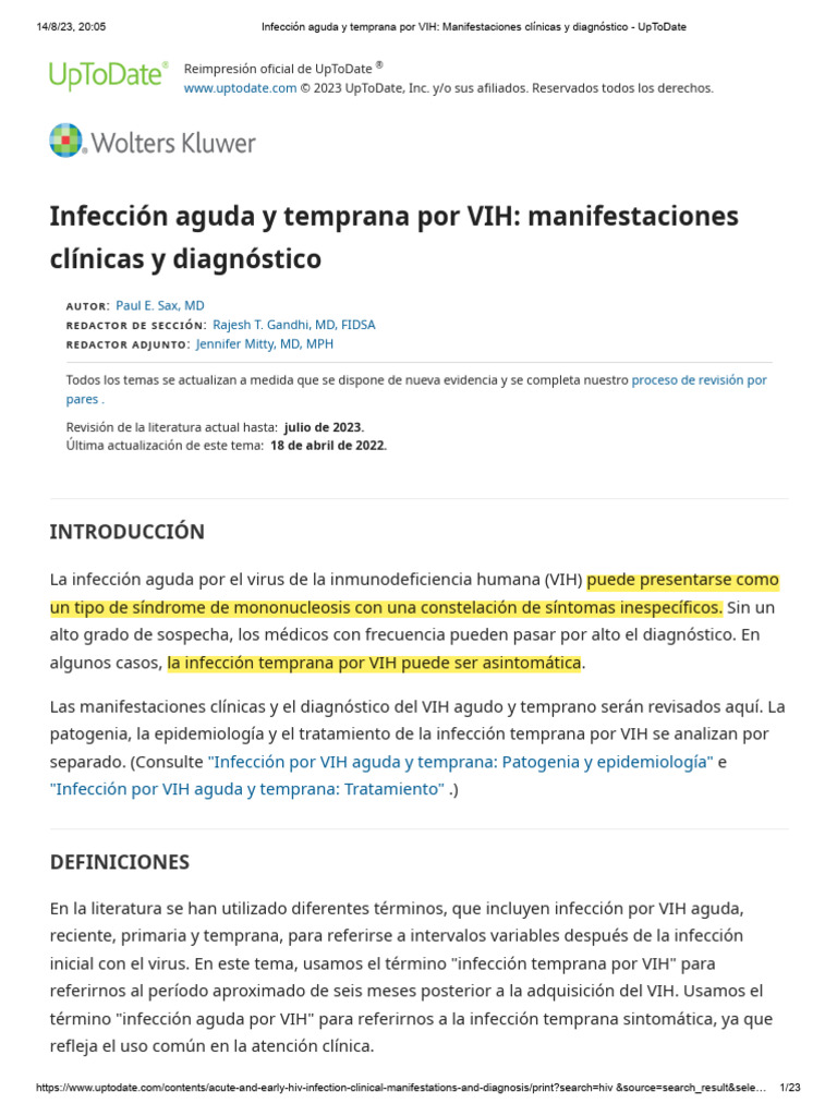 Infección aguda y temprana por VIH_ Manifestaciones clínicas y diagnóstico - UpToDate | PDF ...