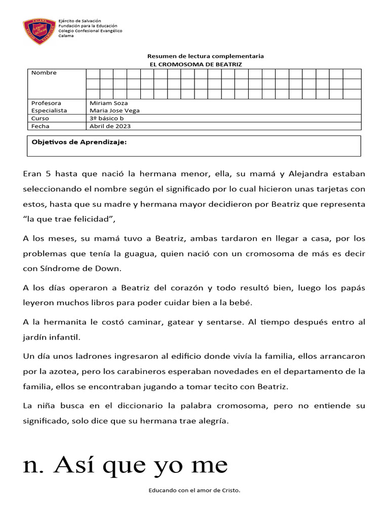 Resumen de Lectura Complementaria EL CROMOSOMA DE BEATRIZ | PDF Resumen de Lectura Complementaria EL CROMOSOMA DE BEATRIZ | PDF