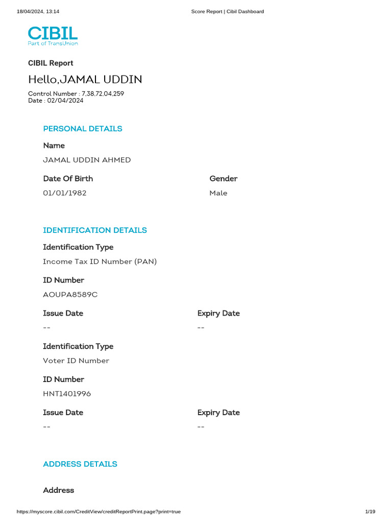 CIBIL Credit Report for Jamal Uddin | PDF | Loans | Finance & Money Management