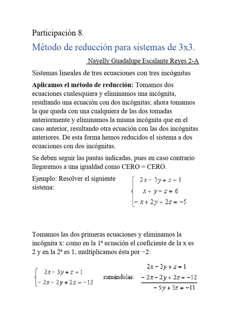 Participación 8. Metodo de Reduccion para Sistemas de 3x3 | PDF | Sistema de ecuaciones lineales ...