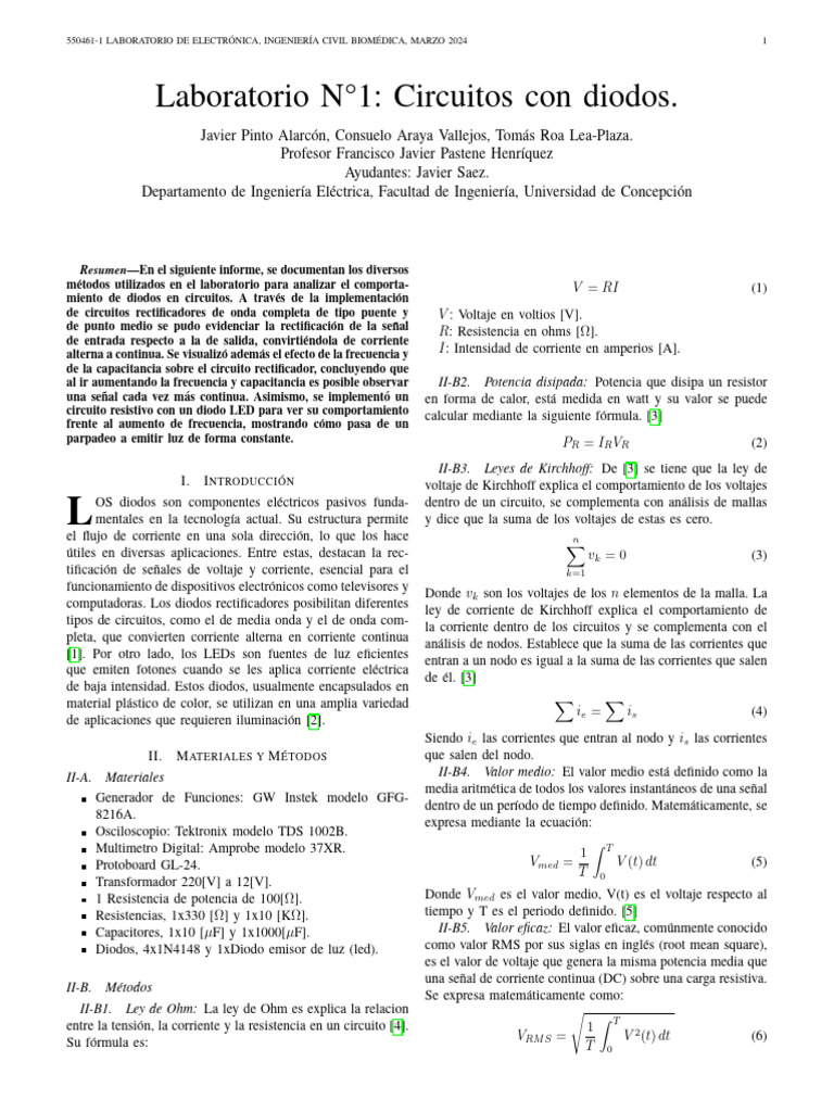 Informe Laboratorio 1 Circuitos Con Diodos | PDF | Red eléctrica | Rectificador