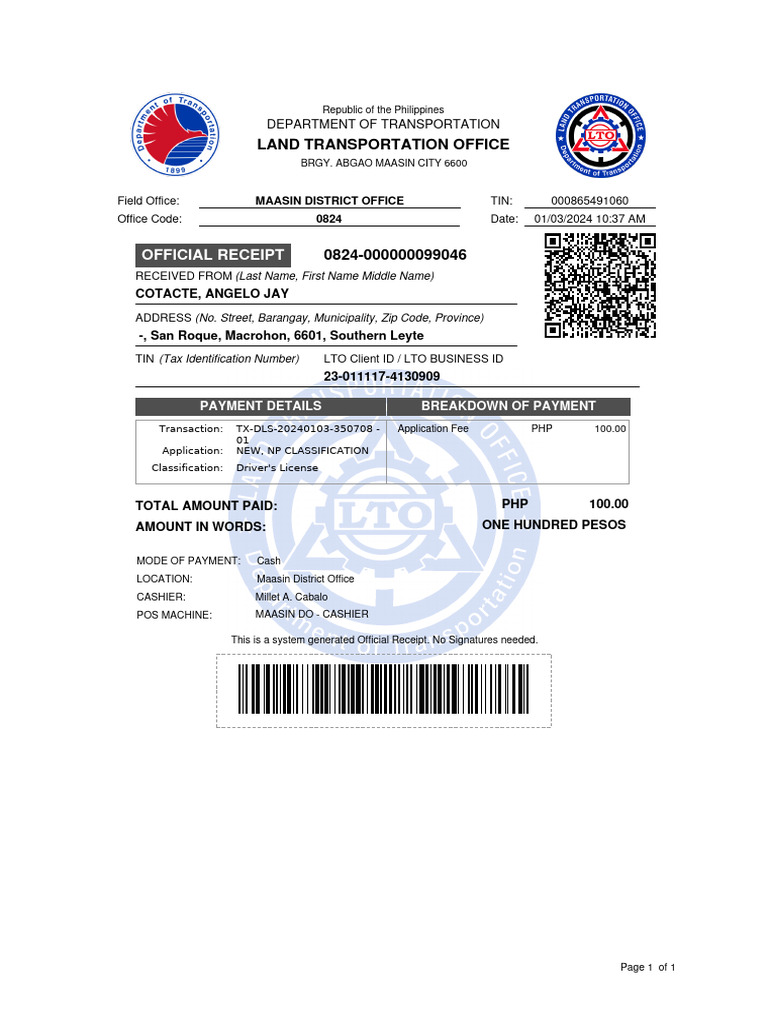 Official Receipt: Land Transportation Office | PDF