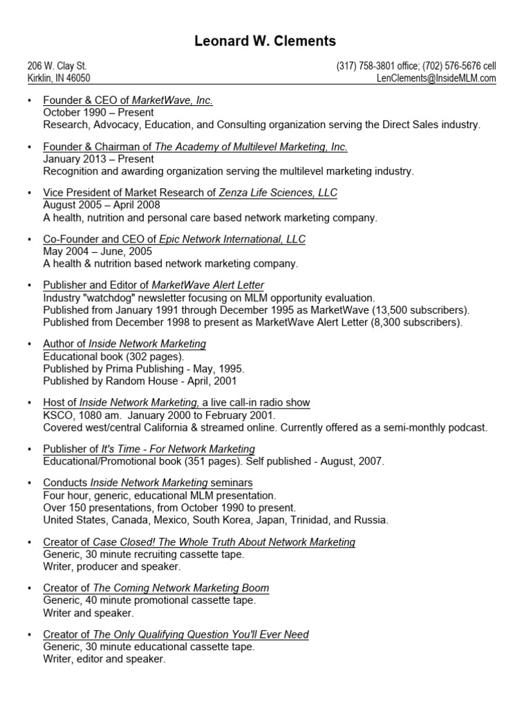 5.0 Clements Resume | PDF | Multi Level Marketing | Damages