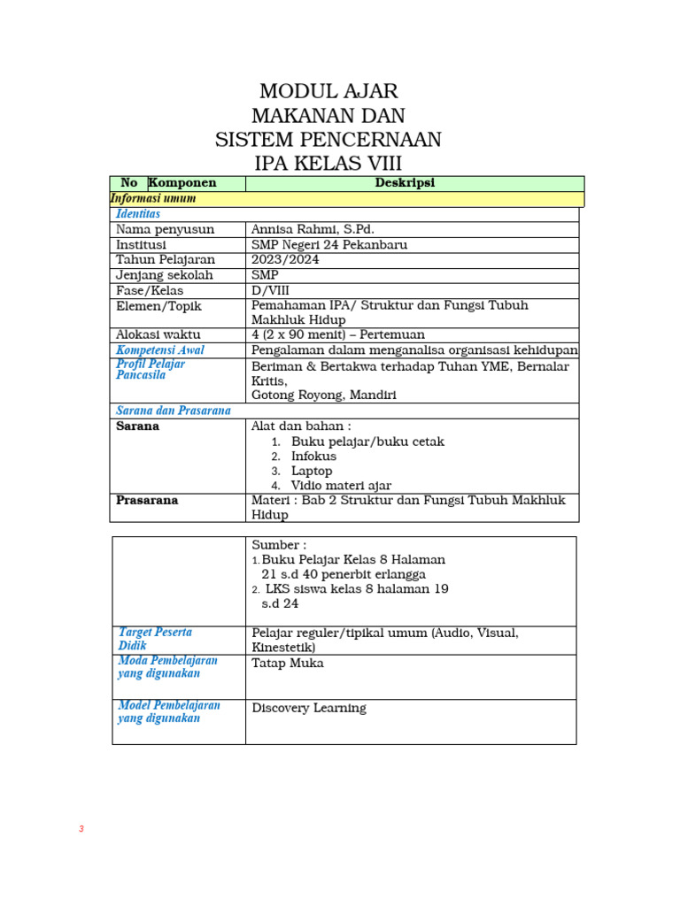Modul Ajar Makanan Dan Sistem Pencernaan Ipa Kelas Viii | PDF Modul Ajar Makanan Dan Sistem Pencernaan Ipa Kelas Viii | PDF