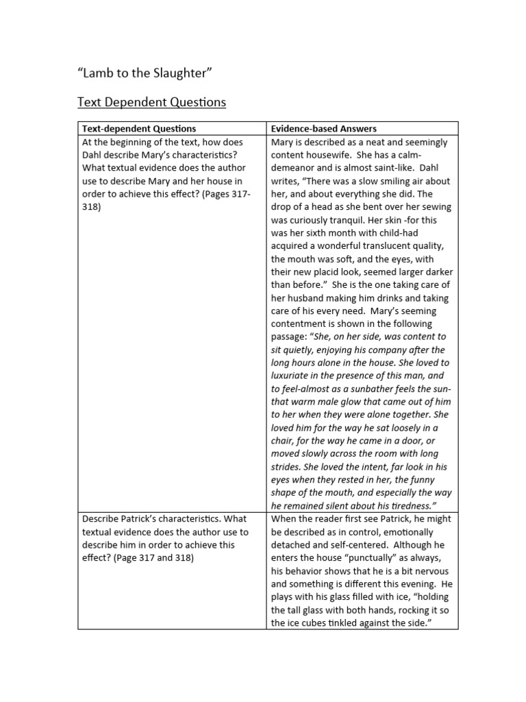 Text-Dependent Questions for "Lamb to the Slaughter" | PDF | Animal ...
