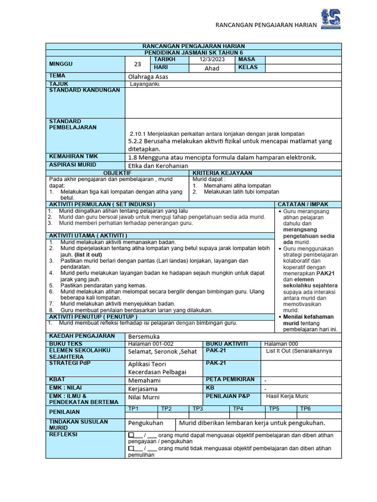 RPH Minggu 23 Pendidikan Jasmani THN 6 2023 by Cikgu Gorgeous | PDF