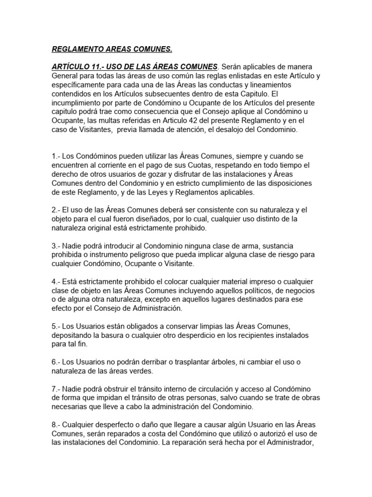 Reglamento Areas Comunes | Descargar gratis PDF | Condominio | Regulación