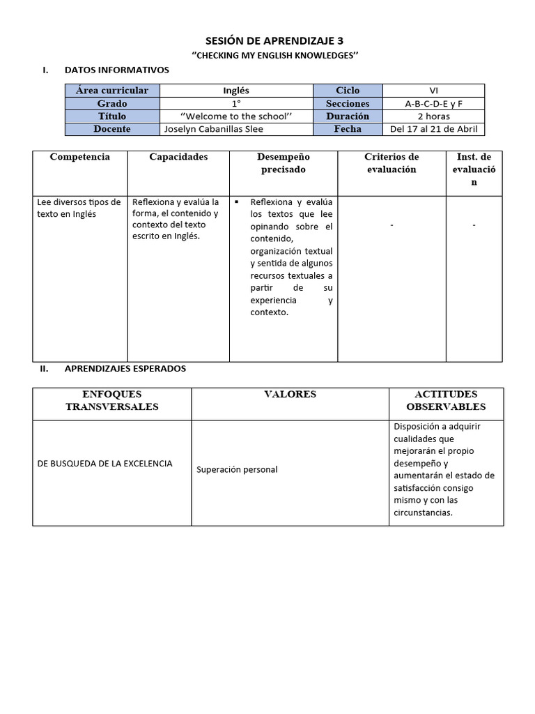 Sesión de Aprendizaje 3 | Descargar gratis PDF | Evaluación | Ciencia cognitiva