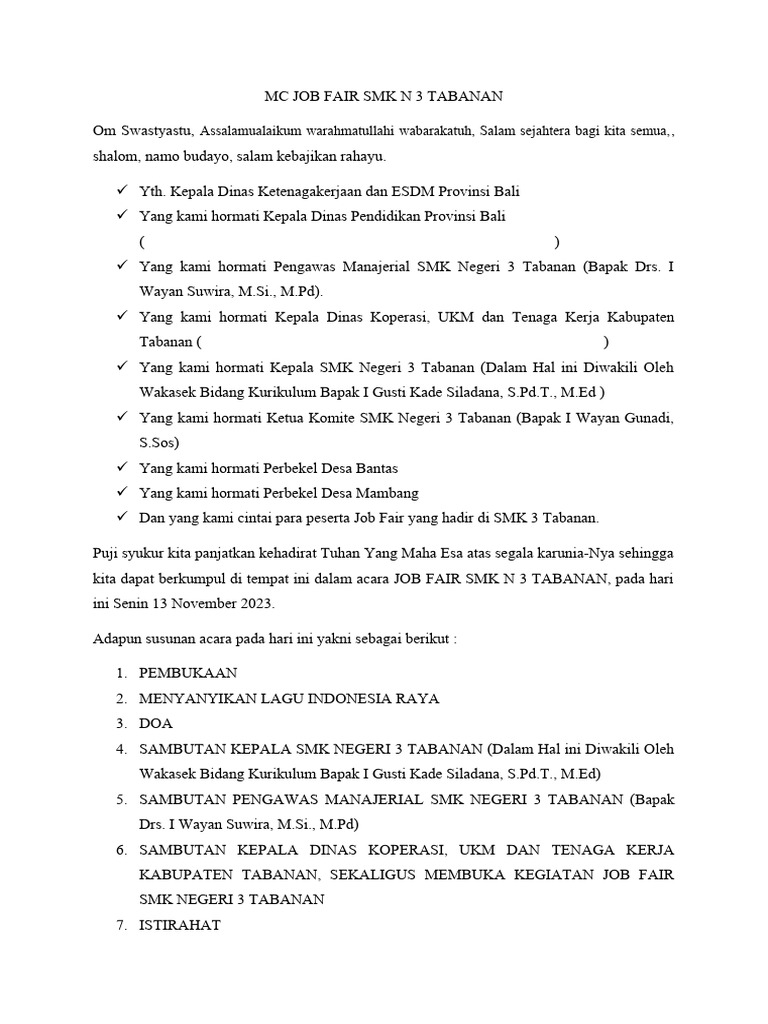 MC JOB FAIR SMK N 3 TABANAN - Trisna Utami | PDF