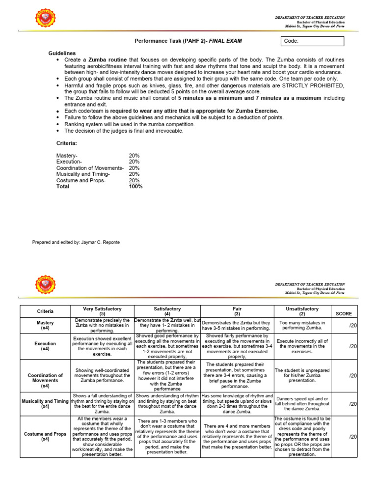 Gpe 2 Zumba Final Exam Mechanics and Rubrics | PDF | Aerobic Exercise ...