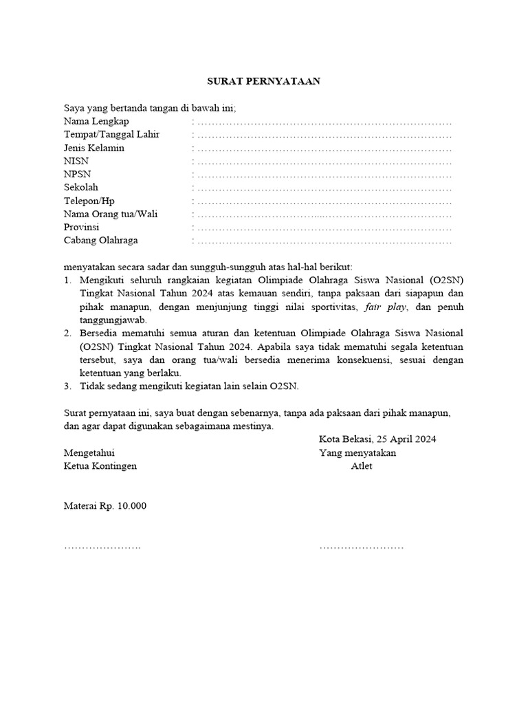 Pernyataan Peserta O2SN 2024 | PDF