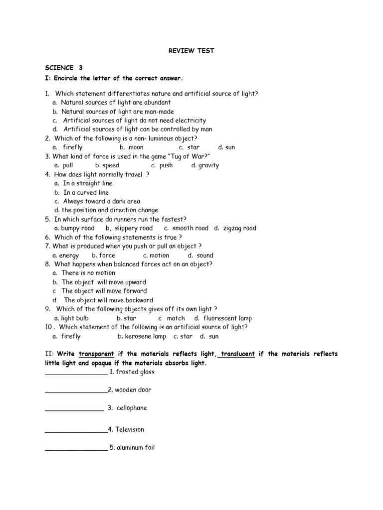 Review Test Science 3 | PDF