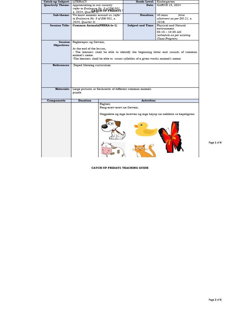 Kinder Catch Up Friday Lesson Plan | PDF | Pedagogy | Teaching