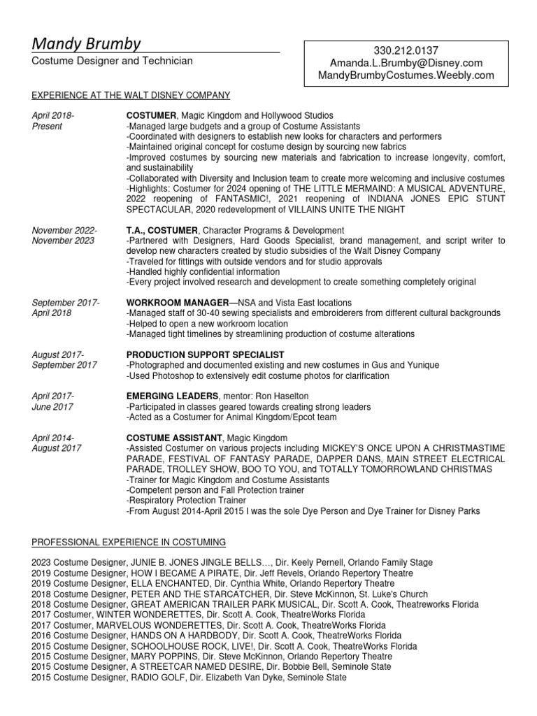 Mandy Brumby Costuming Resume 2024 | PDF
