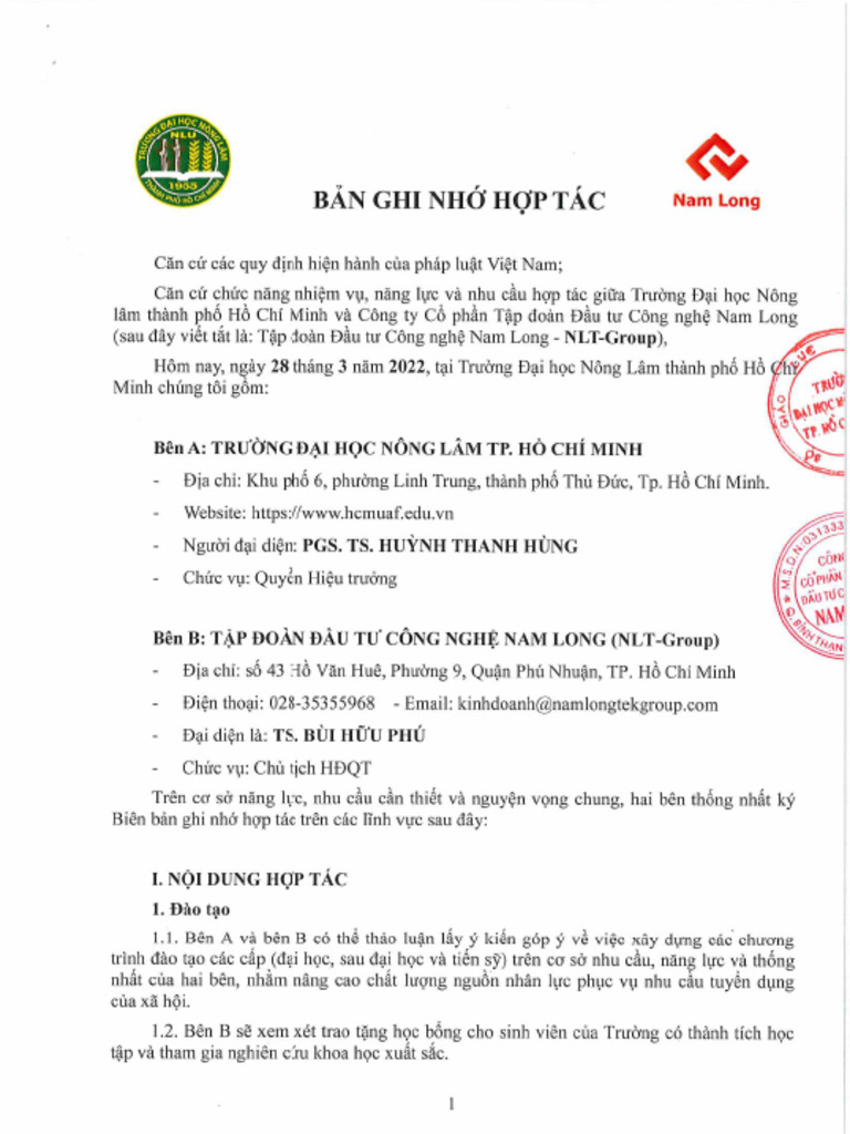 Bien Ban Thoa Thuan Hop Tac Nam Long | PDF