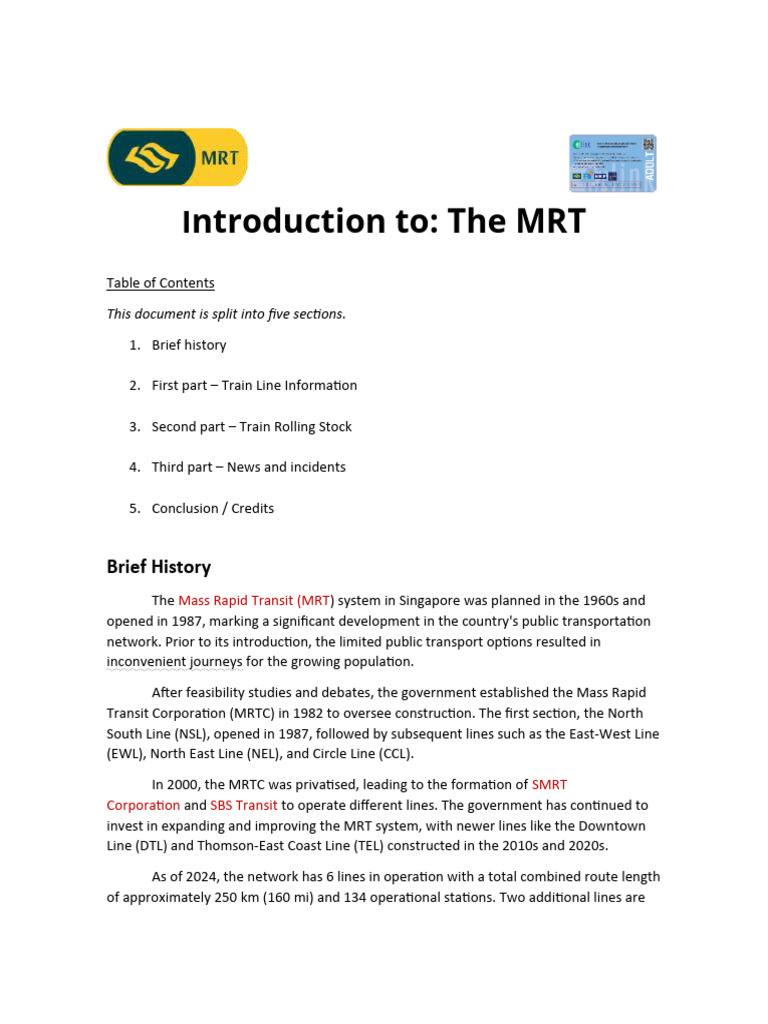 Introduction To MRT | PDF | Electric Public Transport | Passenger Rail ...