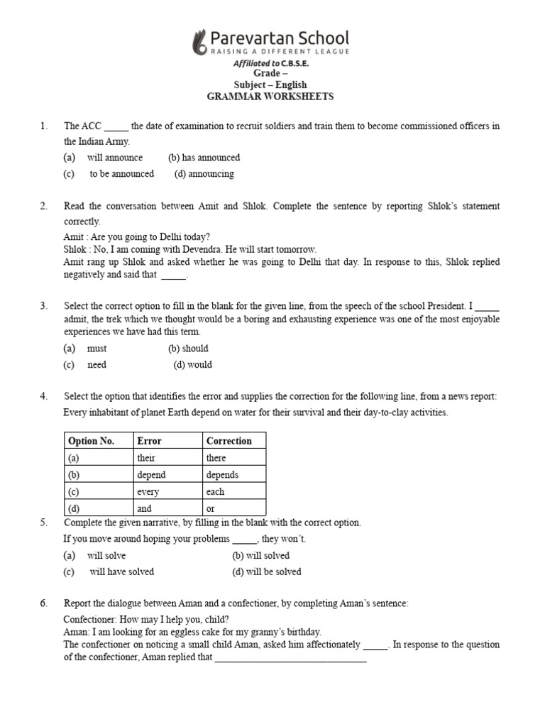 Grammar Worksheets Grade 9 | PDF