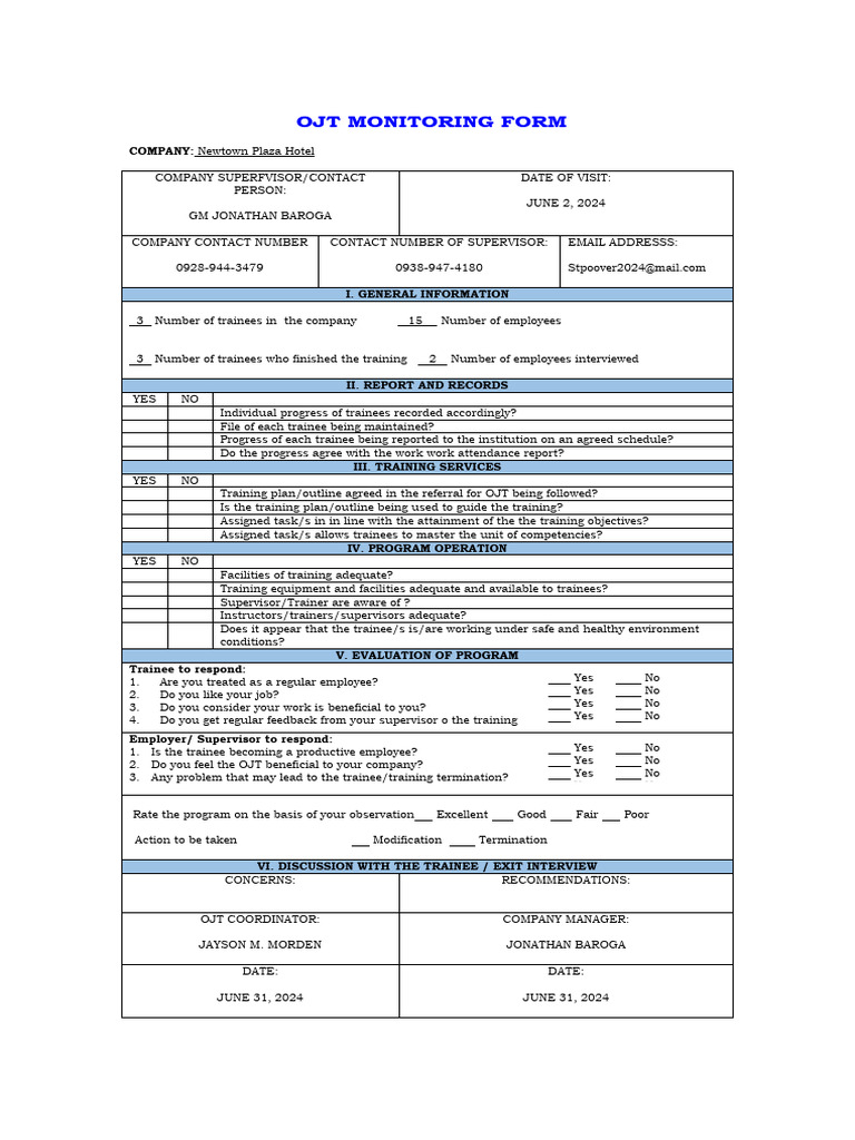OJT Monitoring form | PDF | Business